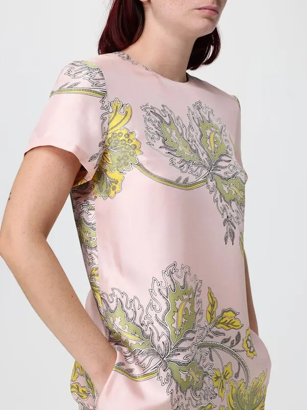 La DoubleJ Floral Print Silk Midi Dress With Feather Trim - Pink