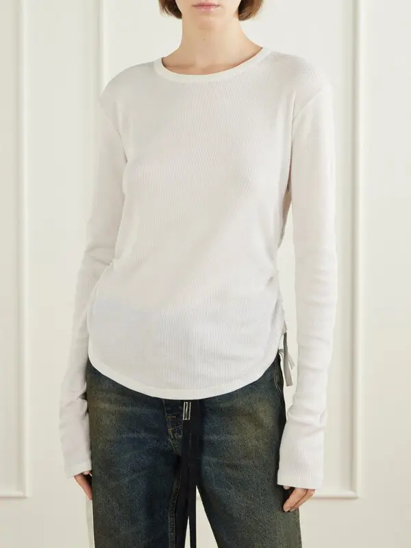 ANN DEMEULEMEESTER Gathered Ribbed Cotton T-shirt - Neutrals