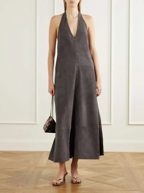 ST. AGNI Paneled Suede Halter Midi Dress