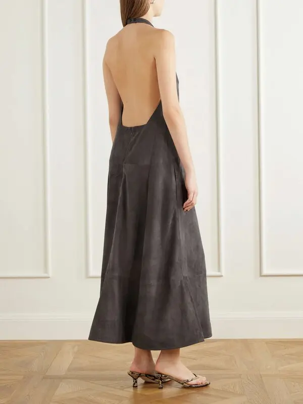 ST. AGNI Paneled Suede Halter Midi Dress