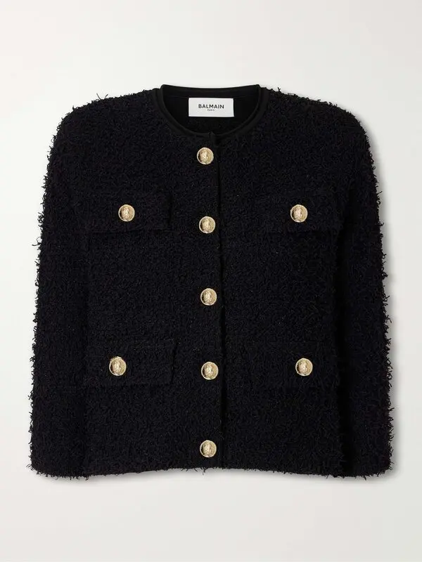 Balmain Metallic Embellished Tweed Jacket - Black
