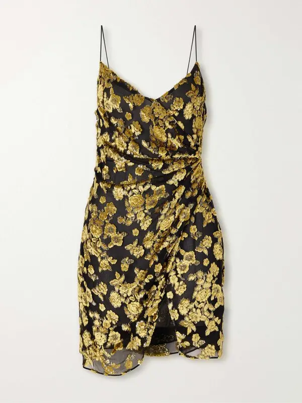 Balmain Gathered Velvet-jacquard Mini Dress - Gold