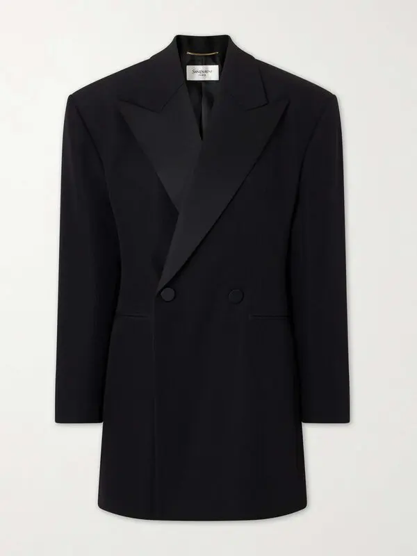 Saint Laurent Double-breasted Wool-crepe Blazer With Satin Lapels