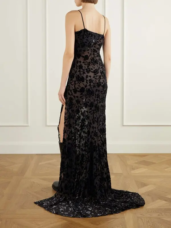 ANN DEMEULEMEESTER Asymmetric Velvet-devoré Tulle Maxi Dress