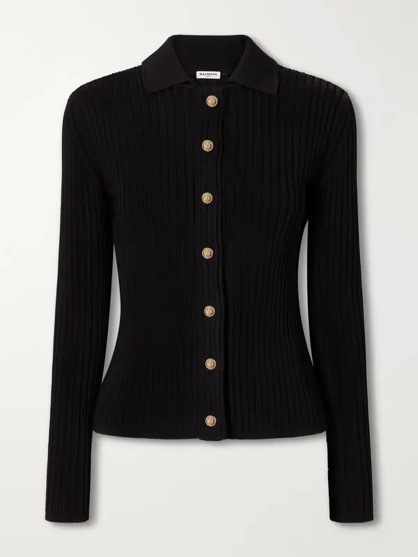 Balmain Ribbed Button-down Polo Shirt - Black