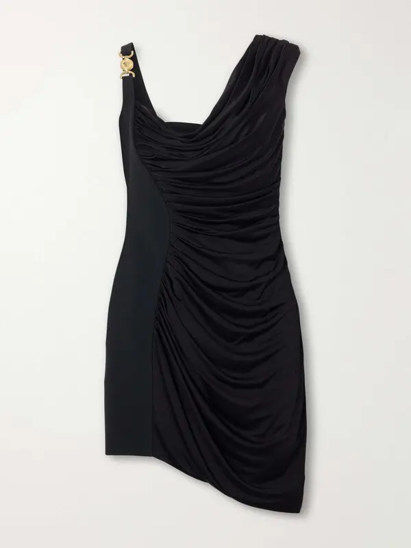 Versace Medusa-embellished Gathered Satin-crepe Mini Dress - Black