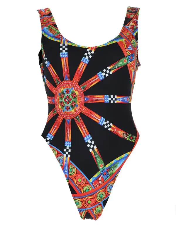 Dolce & Gabbana Olympian Swimsuit With Cart Print - Black