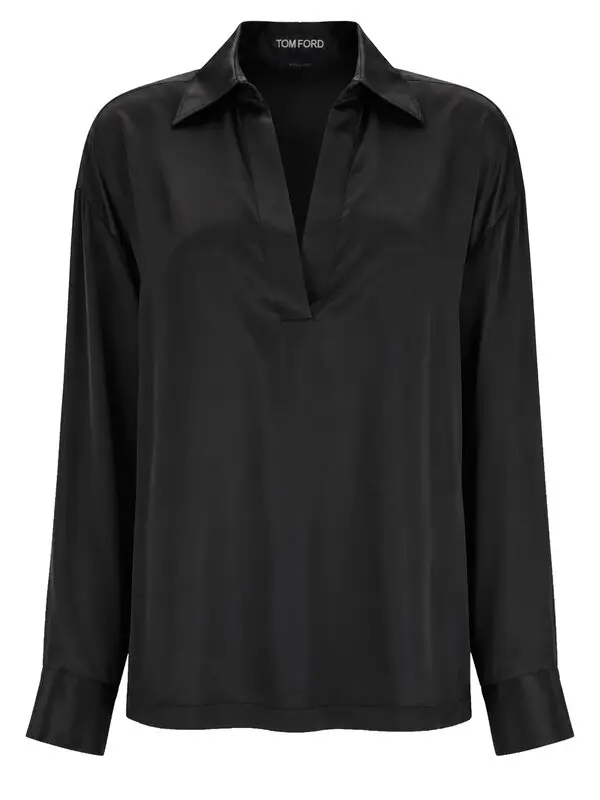 TOM FORD Polo In Raso Di Seta Stretch Con Logo - Black