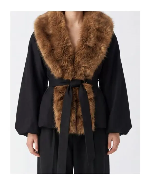 ROTATE BY BIRGER CHRISTENSEN Belted Faux Fur Trimmed Jacket