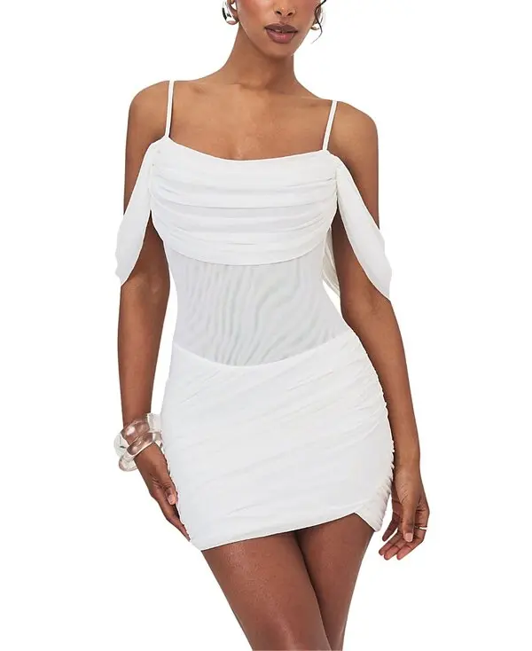 MISS CIRCLE NEW YORK Umnia Mesh Off-shoulder Drape Mini Dress - White