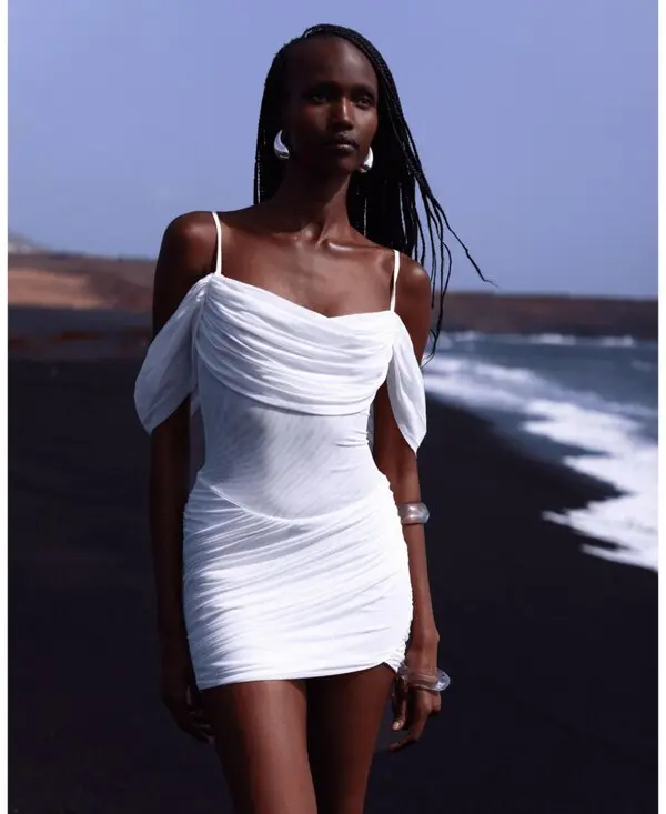 MISS CIRCLE NEW YORK Umnia Mesh Off-shoulder Drape Mini Dress