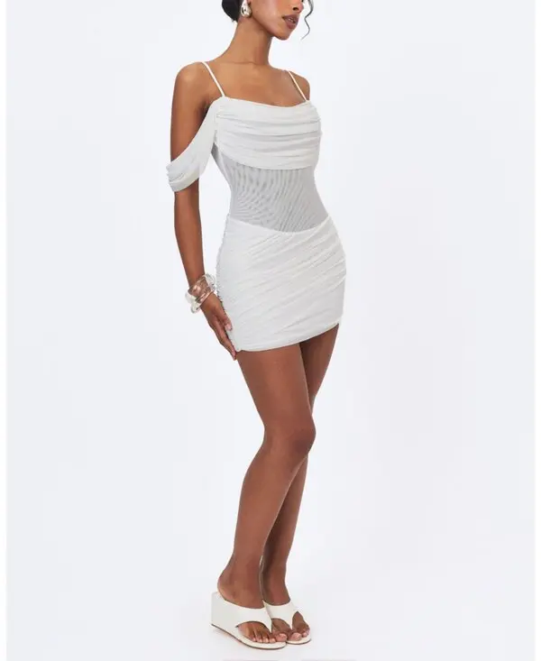 MISS CIRCLE NEW YORK Umnia Mesh Off-shoulder Drape Mini Dress