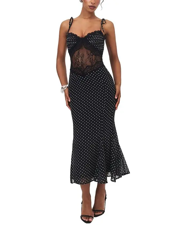 MISS CIRCLE NEW YORK Zehra Polka Dot Chiffon Lace Cutout Mermaid Midi Dress - Black
