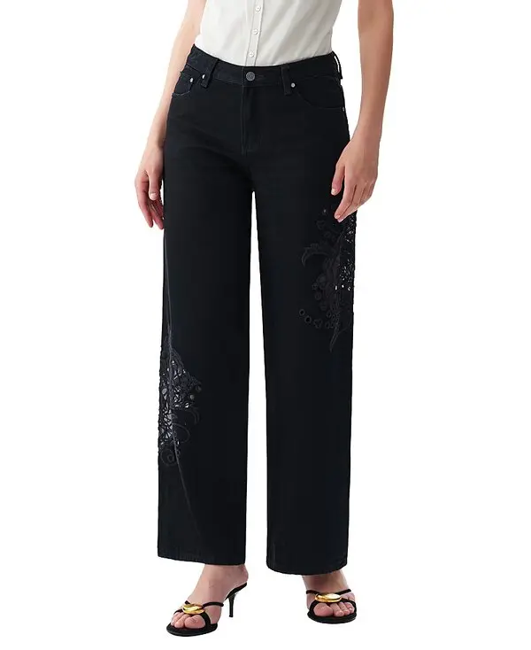 BAYEAS Floral Cutout Embroidered High Rise Wide Leg Denim Jeans - Black