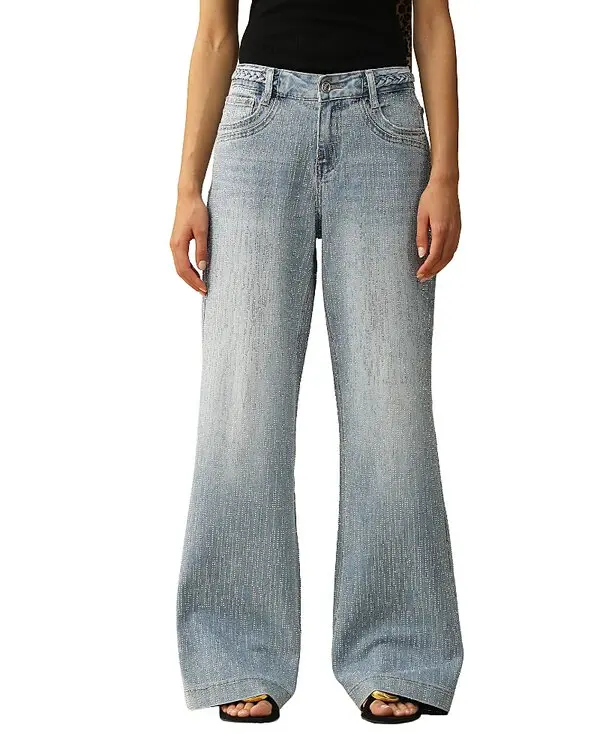 BAYEAS Mid Rise Wide Leg Denim Jeans With Rhinestone In Light - Blue