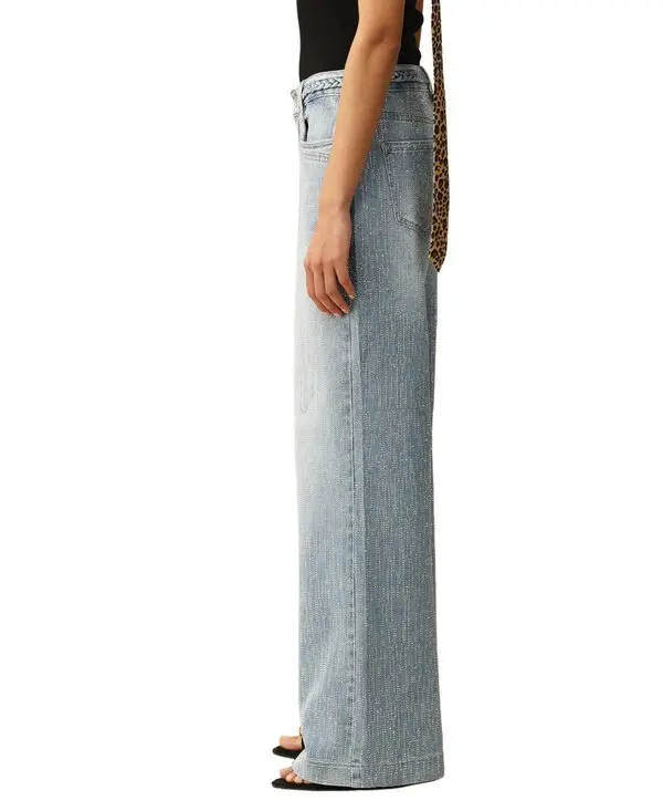BAYEAS Mid Rise Wide Leg Denim Jeans With Rhinestone In Light