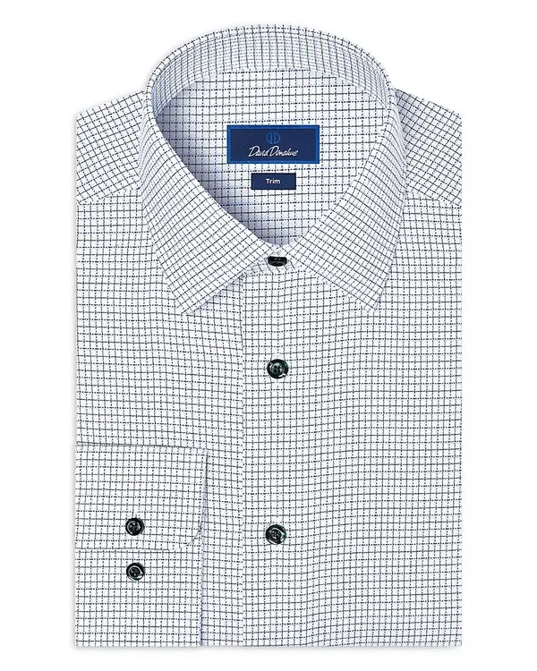 David Donahue Trim Fit Dobby Check Cotton Dress Shirt - Blue/ Green