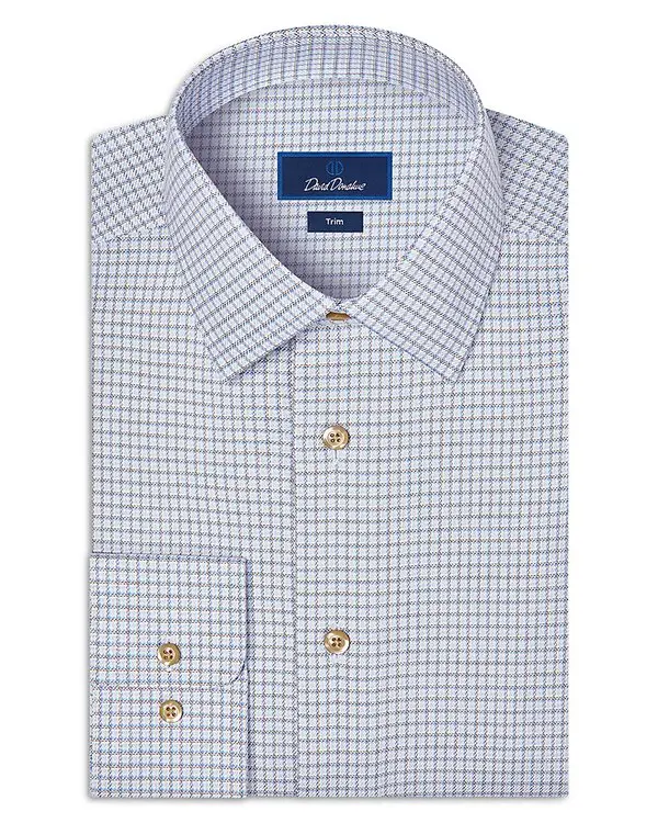 David Donahue Trim Fit Twill Check Cotton Dress Shirt - Sky/ Chocolate