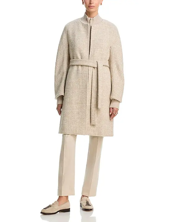 Eleventy Collarless Belted Wool Blend Coat - Sand
