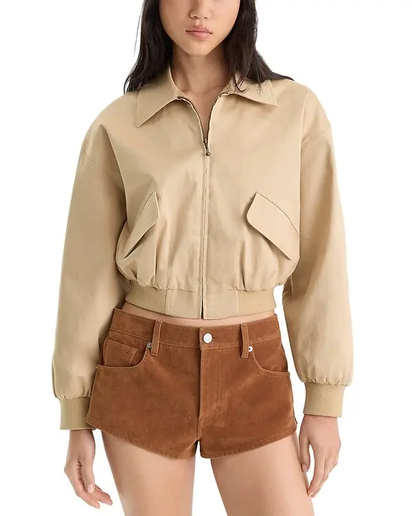 Good American The Twill Cotton Stretch Cropped Bomber Jacket - Dune Mist