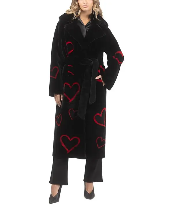 Gorski Reversible Shearling Lamb Coat With Heart Intarsia, Belt - Black/red