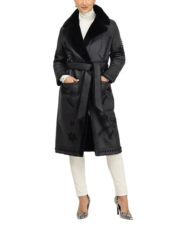 Gorski Merino Shearling Lamb Short Coat With Embroidery And Belt - Black/black
