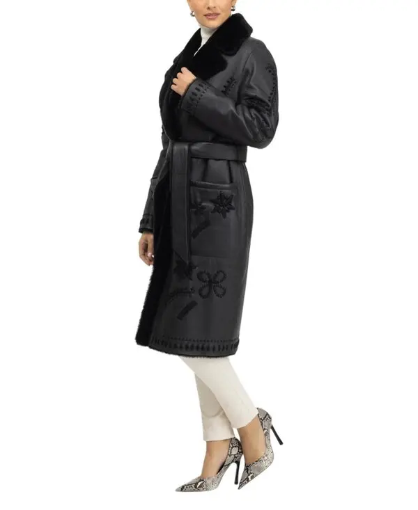 Gorski Merino Shearling Lamb Short Coat With Embroidery And Belt