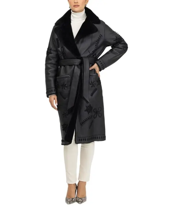 Gorski Merino Shearling Lamb Short Coat With Embroidery And Belt