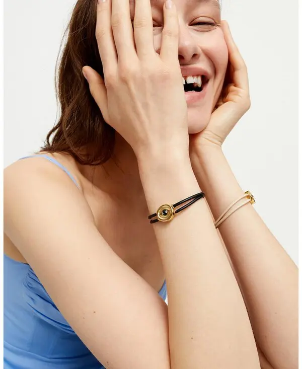 UNODE50 Black Leather Bracelet With -plated Eye Detail And Crystal