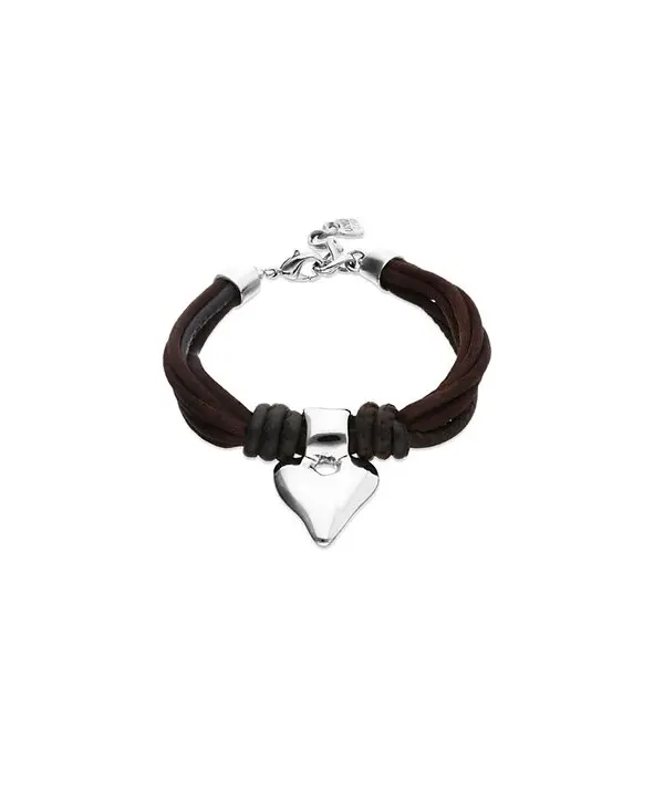 UNODE50 Silk-effect Thread Blend Bracelet With Brown Leather And Heart Detail - Silver