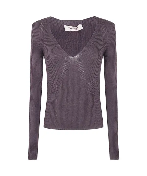 TWINSET Long-sleeved V-neck Ribbed Jumper - Black