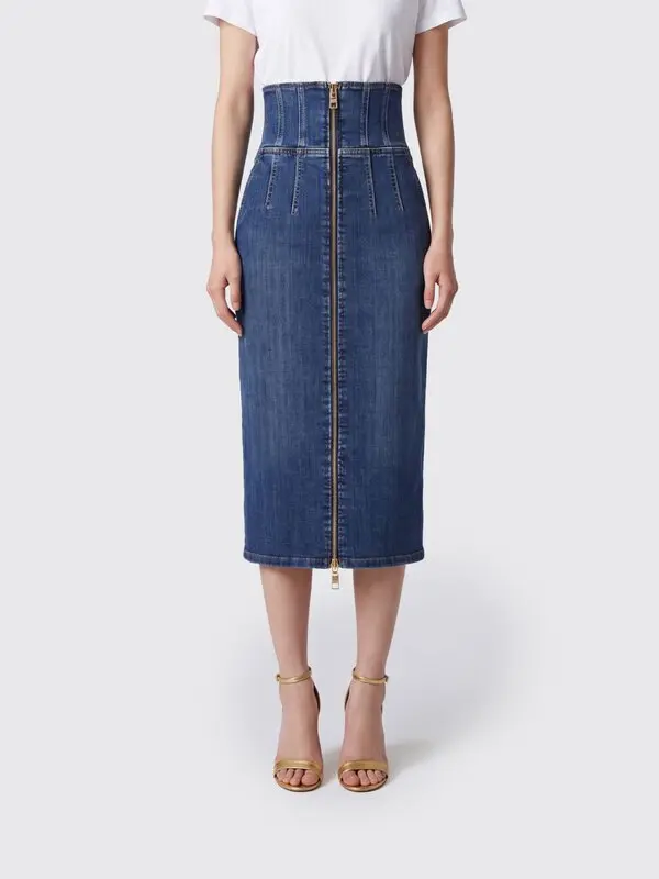 Elisabetta Franchi Denim Pencil Skirt With Zip Up Detail - Navy