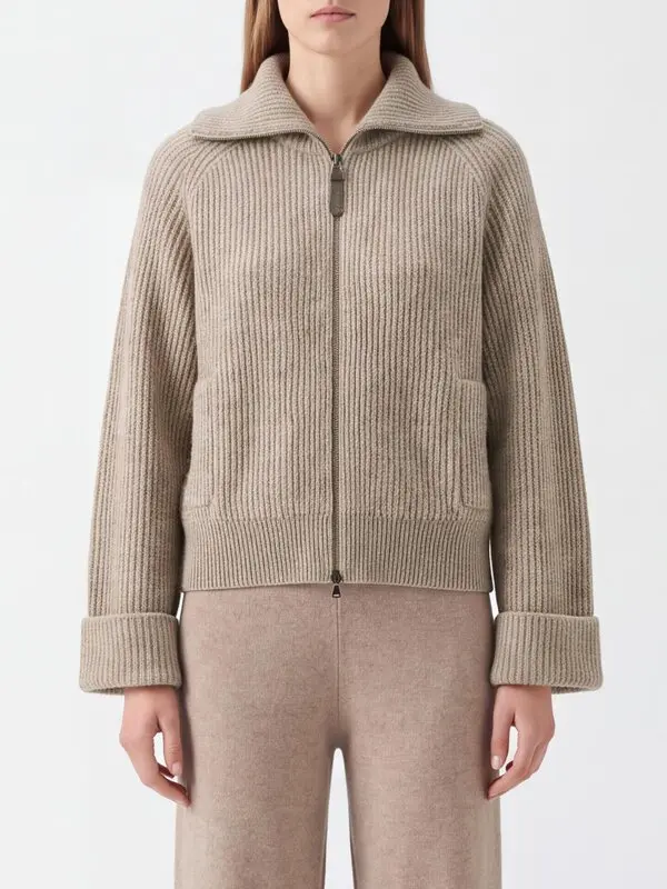 Brunello Cucinelli Zip-up Cardigan In Cashmere And Wool Blend With Sailor Collar - Beige