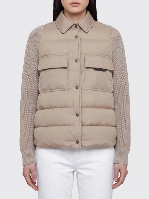 Brunello Cucinelli Quilted Down Jacket With Contrasting Knit Sleeves - Beige