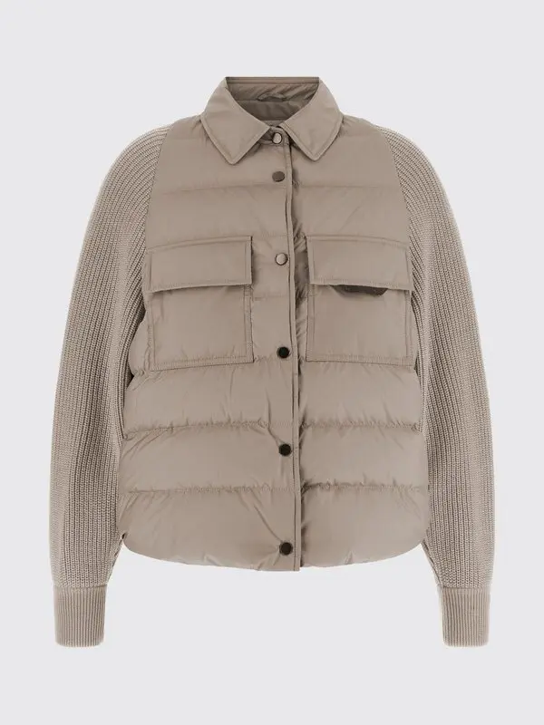 Brunello Cucinelli Quilted Down Jacket With Contrasting Knit Sleeves - Beige