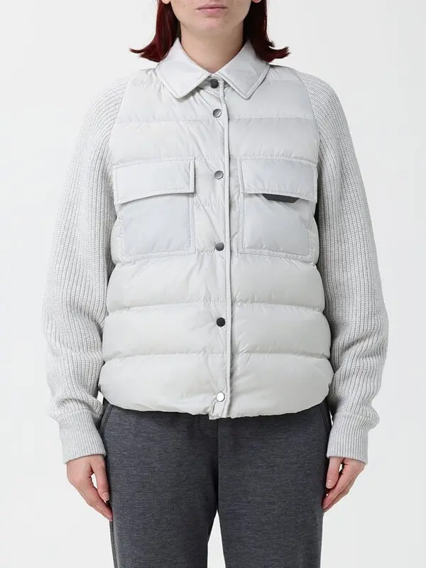 Brunello Cucinelli Quilted Down Jacket With Contrasting Knit Sleeves - White