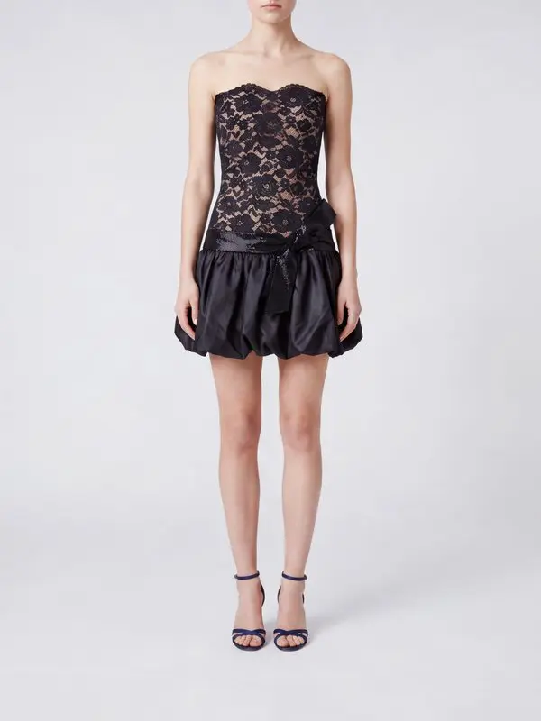 SELF-PORTRAIT Lace And Satin Bubble Hem Dress - Black