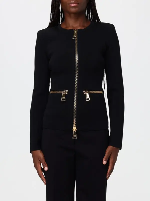 Elisabetta Franchi Slim Fit Stretch Viscose Cardigan With Metal Zip - Black