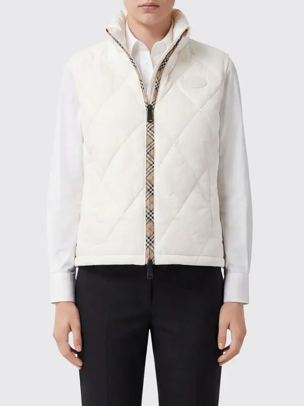 Burberry Quilted Zip-up Vest With Signature Check Trim - White