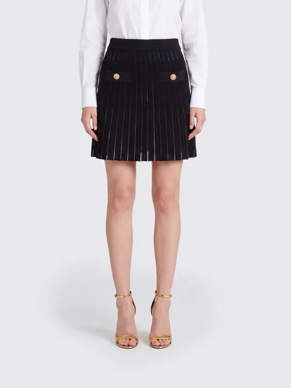 Balmain Pleated Skirt With Gold Button Detail - Black