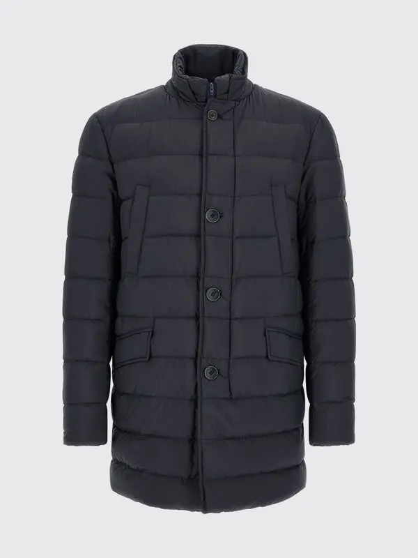 Herno Long Quilted Nylon Puffer Coat With High Neck And Button Closure - Blue