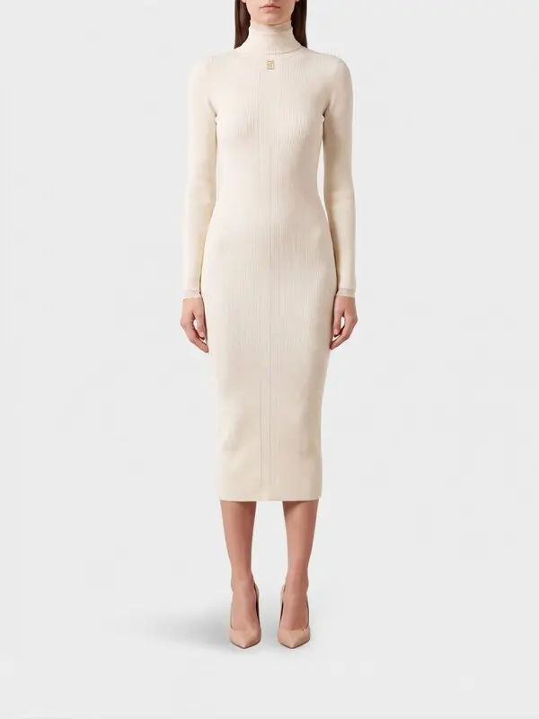 Elisabetta Franchi Ribbed Knit Turtleneck Midi Dress - White
