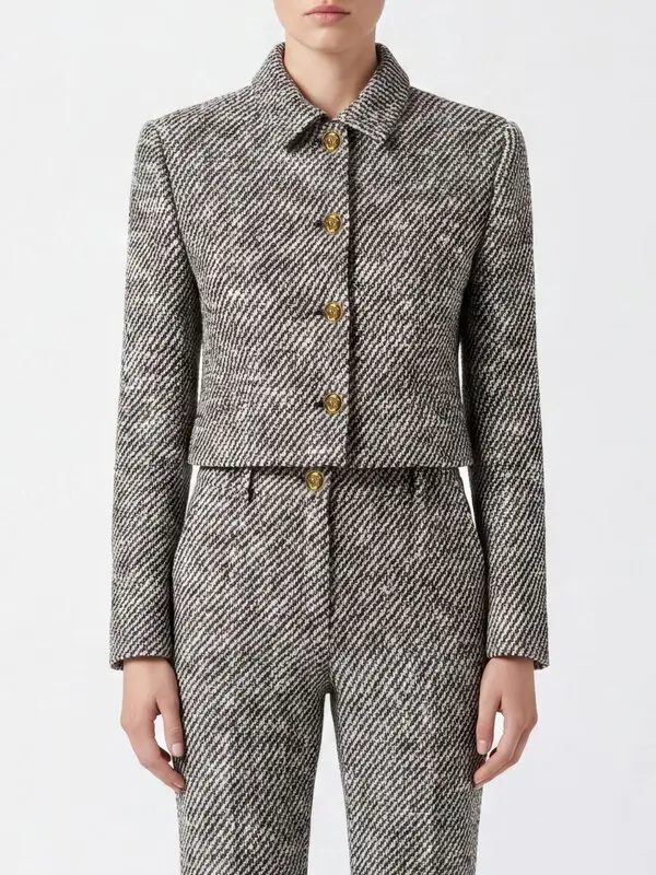 Versace Cropped Chevron Pattern Single-breasted Virgin Wool Blazer - White