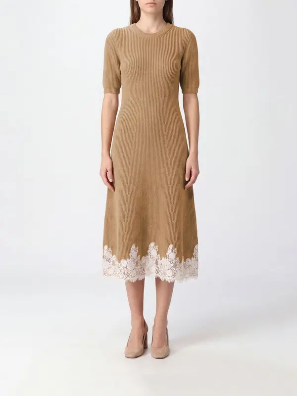 Alberta Ferretti Cashmere And Camel Midi Knit Dress With Macramé Inserts - Brown