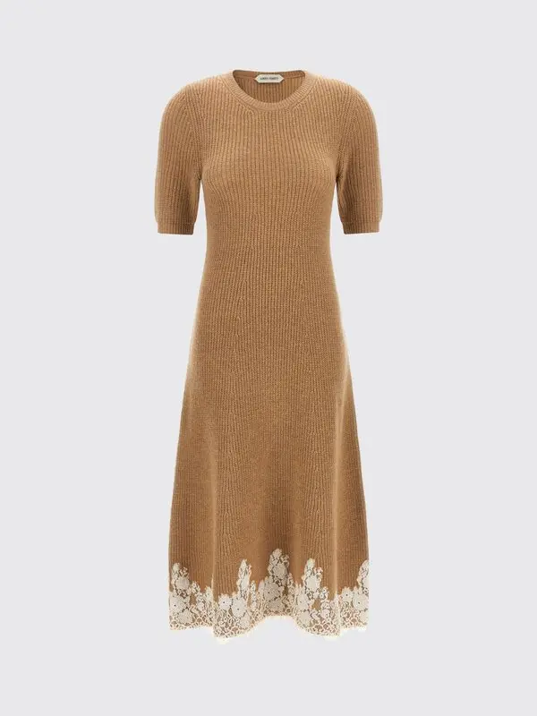 Alberta Ferretti Cashmere And Camel Midi Knit Dress With Macramé Inserts - Brown