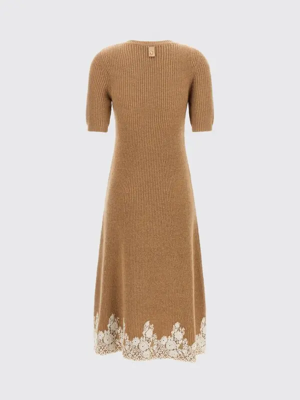 Alberta Ferretti Cashmere And Camel Midi Knit Dress With Macramé Inserts - Brown