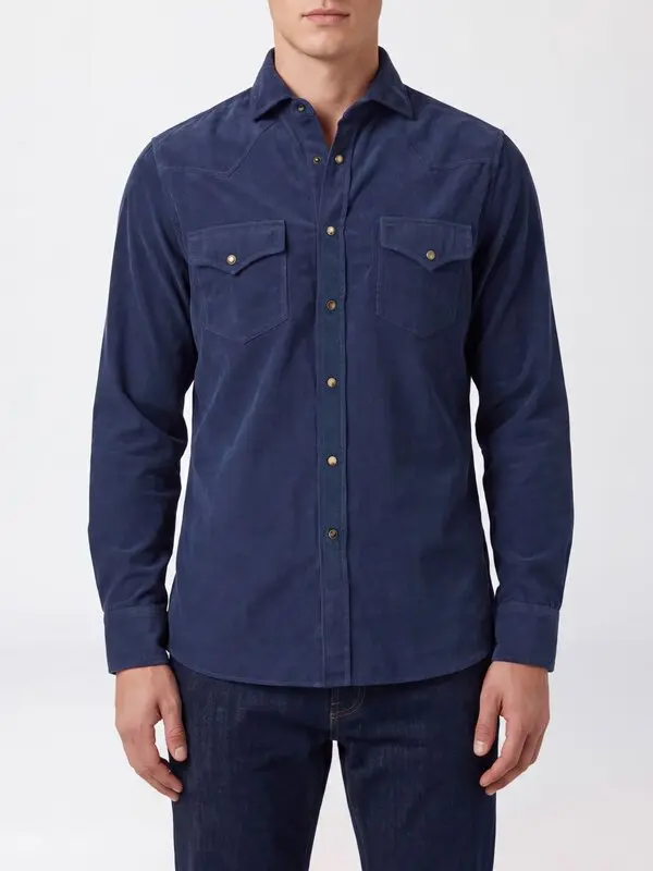 Brunello Cucinelli Slim Fit Velvet Shirt With French Collar And Pockets - Navy