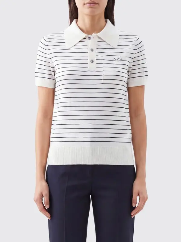 A.p.c. Striped Cotton Knit Polo Shirt With Short Sleeves And Patch Pocket - Kaki