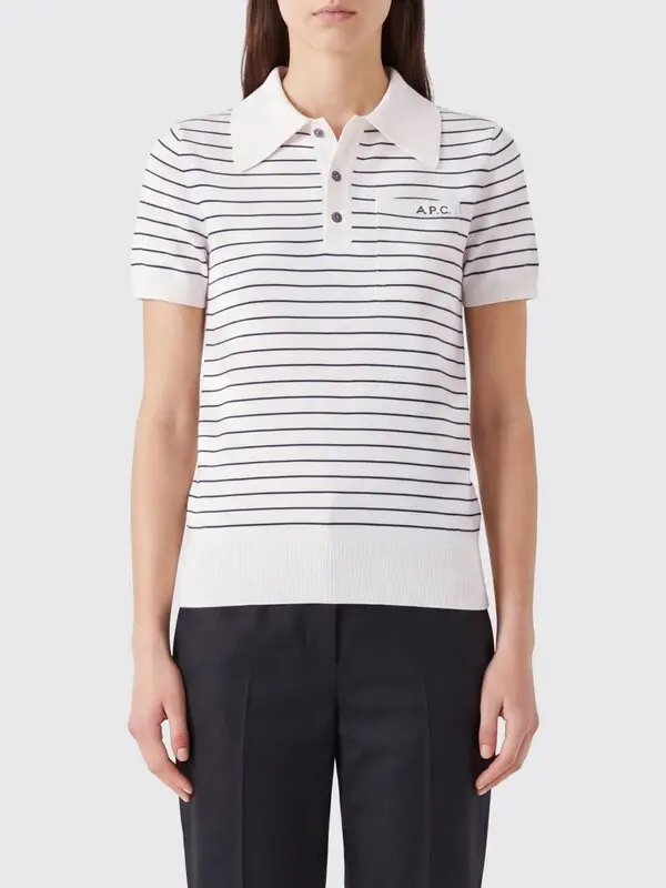 A.p.c. Striped Cotton Knit Polo Shirt With Short Sleeves And Patch Pocket - Nude