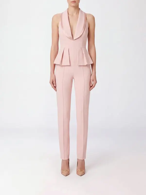 Elisabetta Franchi Slim Fit V-neck Jumpsuit With Ruffled Waist - Nude